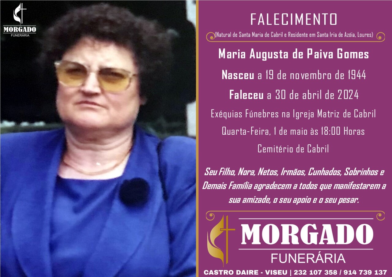 FALECEU a Sra. Maria Augusta de Paiva Gomes com 79 Anos (Cabril, Castro ...